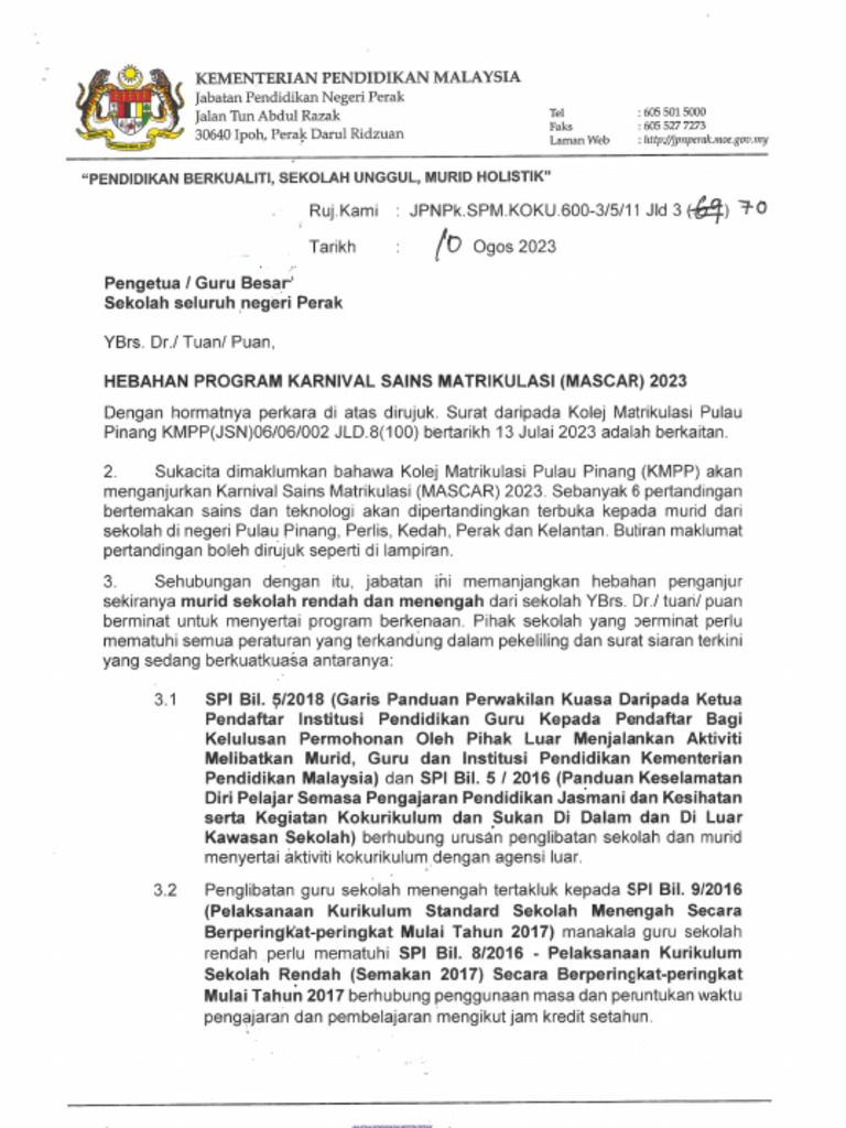 Surat Hebahan Program Karnival Sains Matrikulasi Mascar | PDF