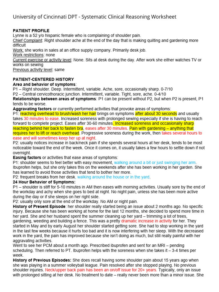Shoulder Clinical Reasoning Worksheet | PDF | Limbs (Anatomy) | Causes ...