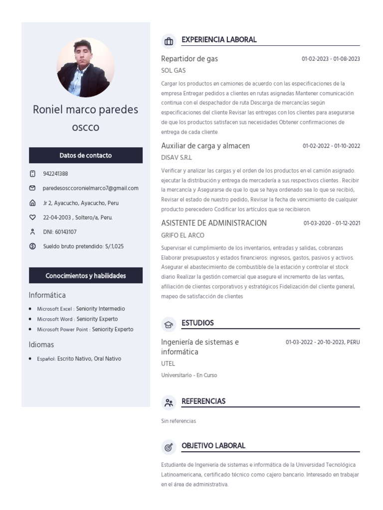 CV Actualizado Roniel Marco Paredes Oscco | PDF | Economias | Business