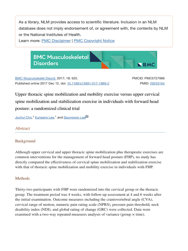 Upper Thoracic Spine Mobilization and Mobility Exercise Versus Upper ...