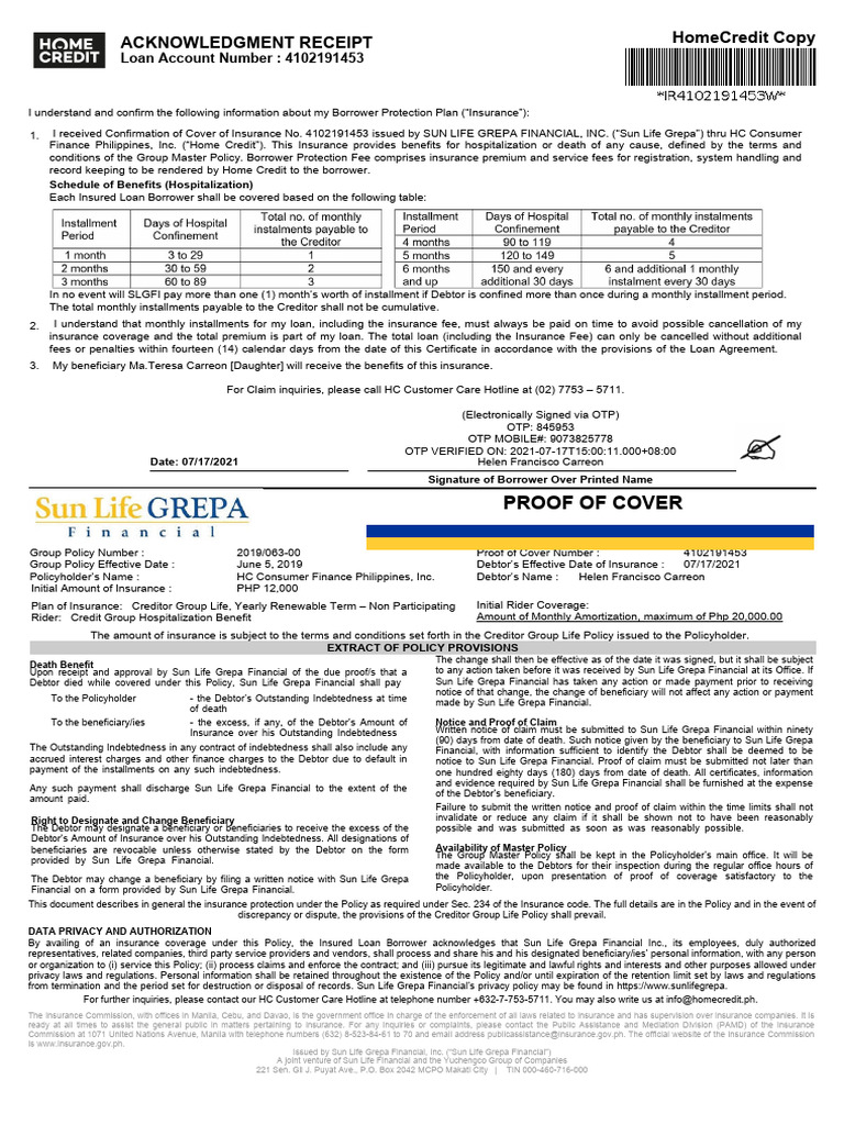 Acknowledgment Receipt Homecredit Copy: Loan Account Number: 4102191453 ...