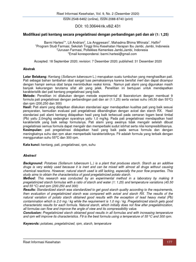 Modifikasi Pati Kentang Secara Pregelatinasi Denga | PDF