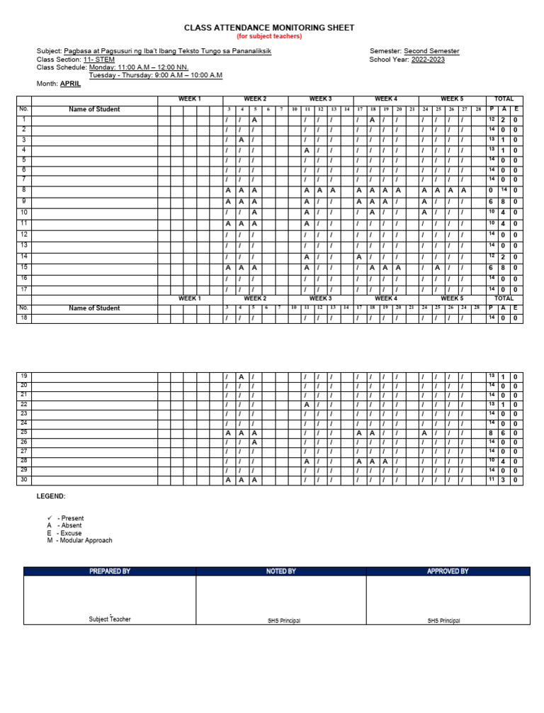 QF-08-SHS-007-G11 STEM Class-Attendance-Monitoring-Rev.-1 | PDF
