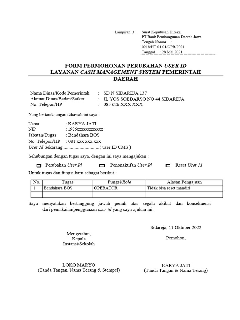 Contoh Perubahan User Id Dan Reset User | PDF