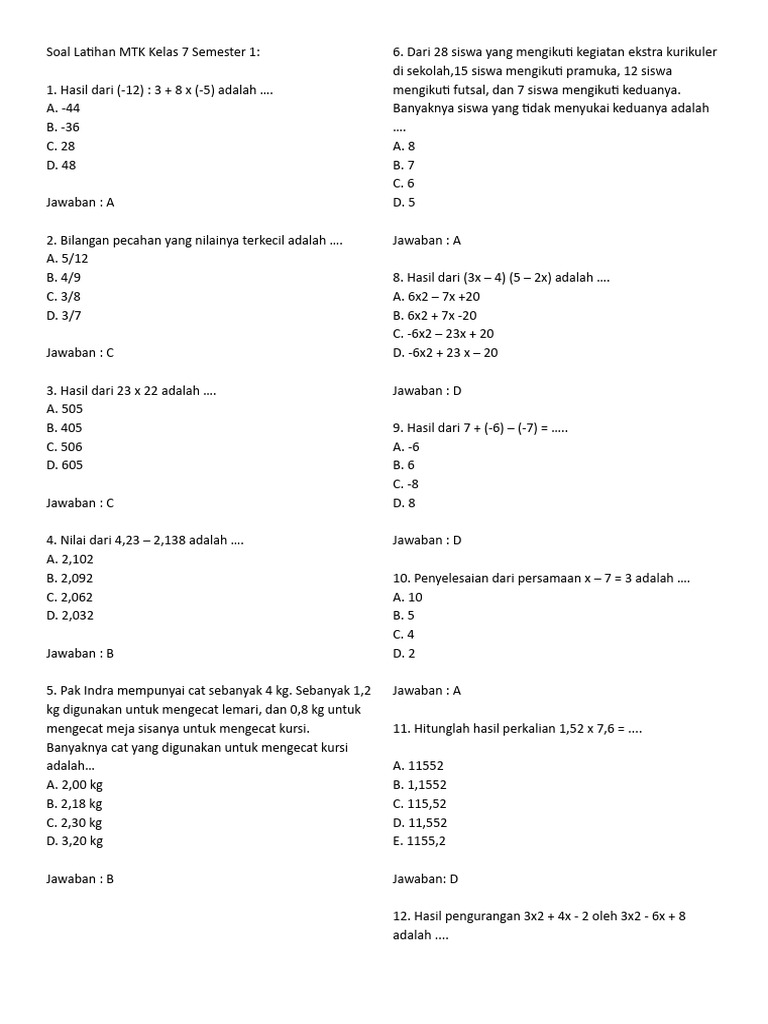 Soal Latihan Uas MTK Semester 1 | PDF