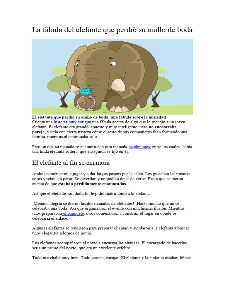 La Fábula Del Elefante Que Perdió Su Anillo De Boda Pdf Boda