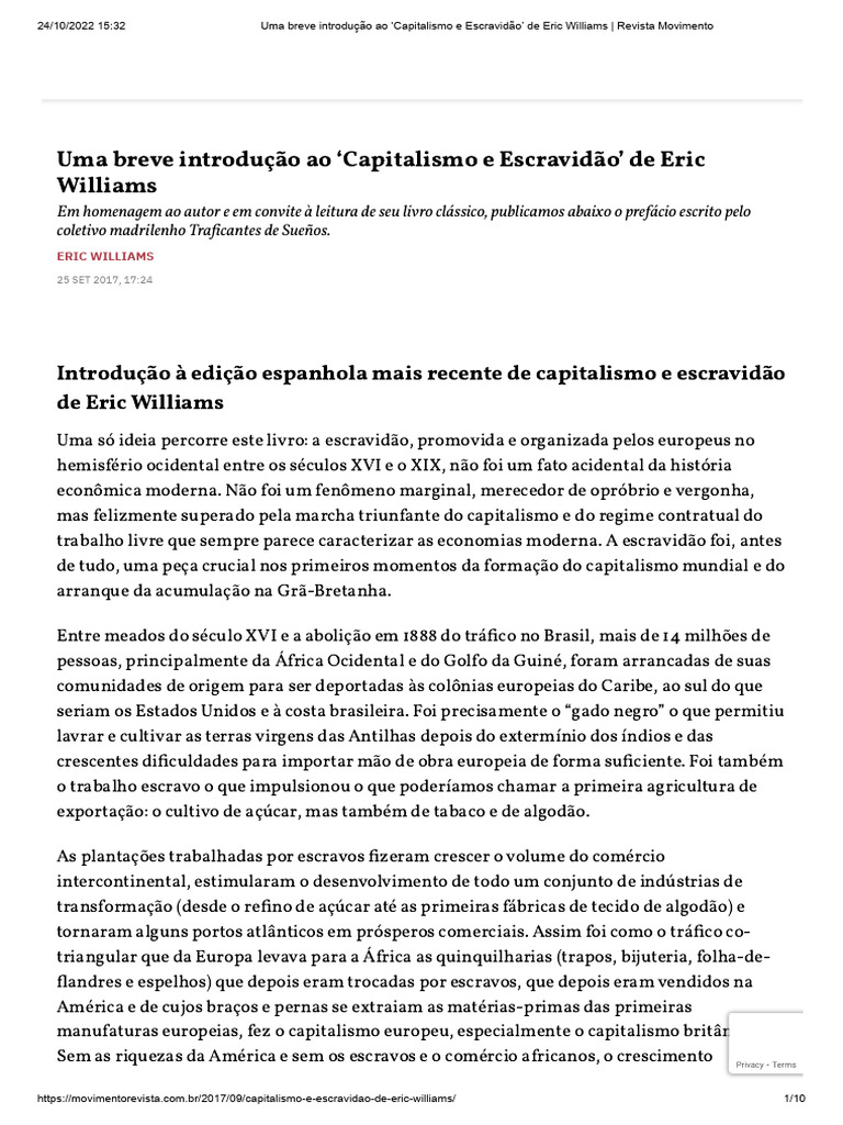 Uma Breve Introdução Ao Capitalismo e Escravidão' de Eric Williams ...