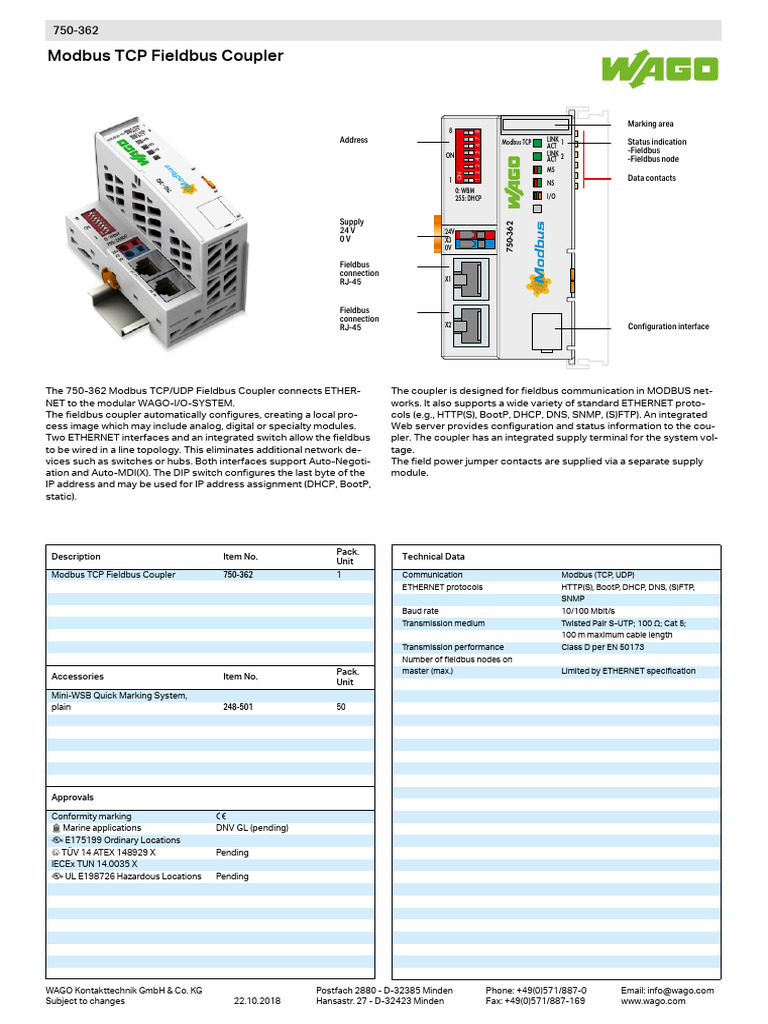 WAGO Modbus Coupler DataSheet | PDF | Transmission Control Protocol | Network Switch
