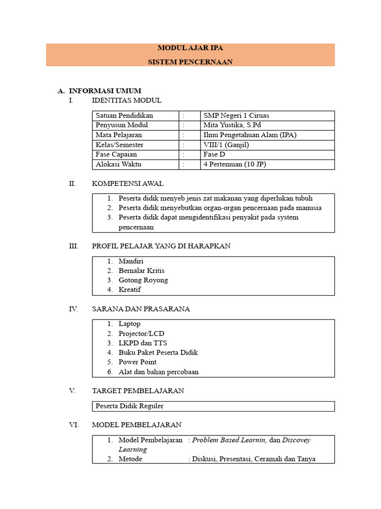 Modul Ajar Sistem Pencernaan | PDF Modul Ajar Sistem Pencernaan | PDF