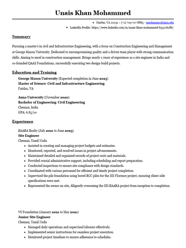 Matriculation Unais Resume Gmu Word | PDF | General Contractor | Business