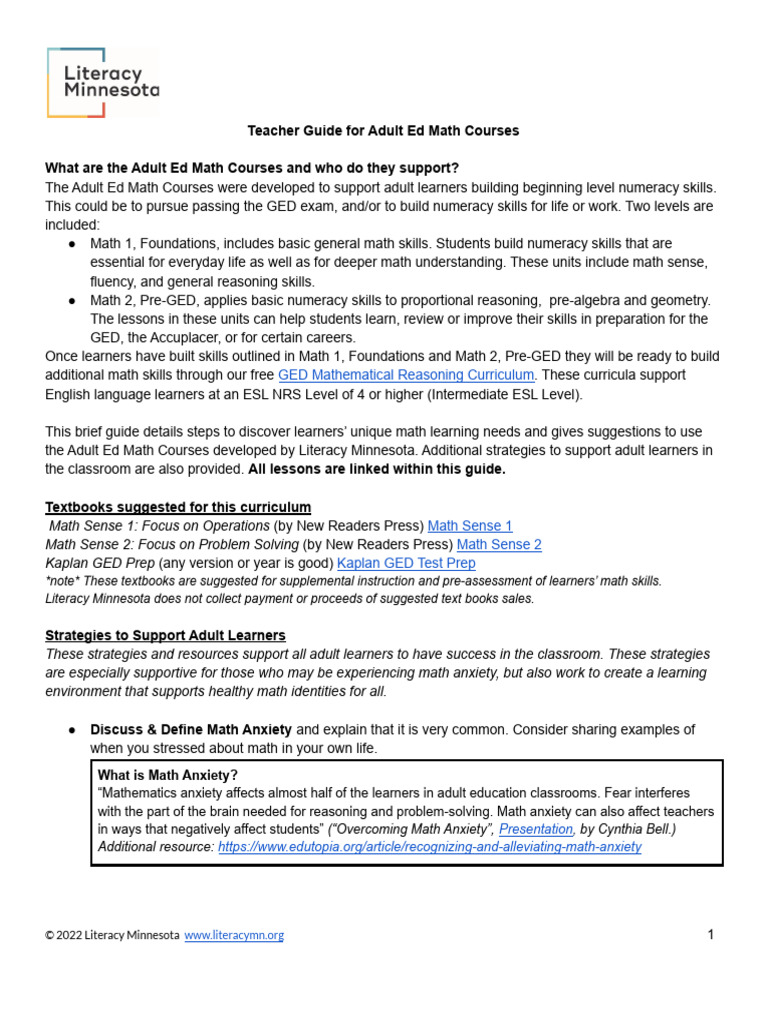 Teacher Guide, Adult Ed Math Courses | PDF | Mathematics | Curriculum