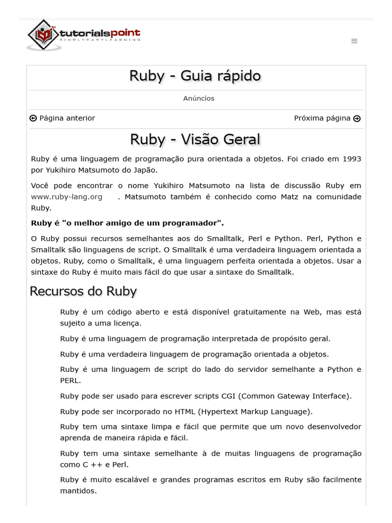 Guia Rápido de Ruby | PDF | Ruby (linguagem de programação) | Linguagem ...