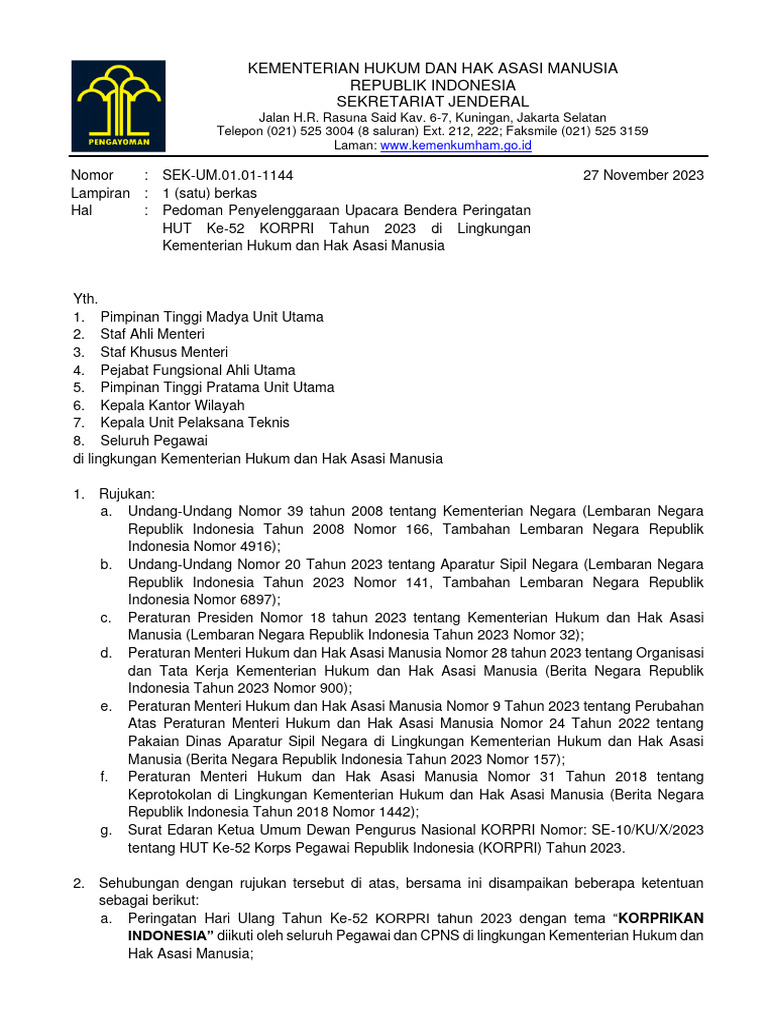 Pedoman Penyelenggaraan Upacara Bendera Peringatan HUT Ke-52 KORPRI Tahun 2023 Di Lingkungan ...