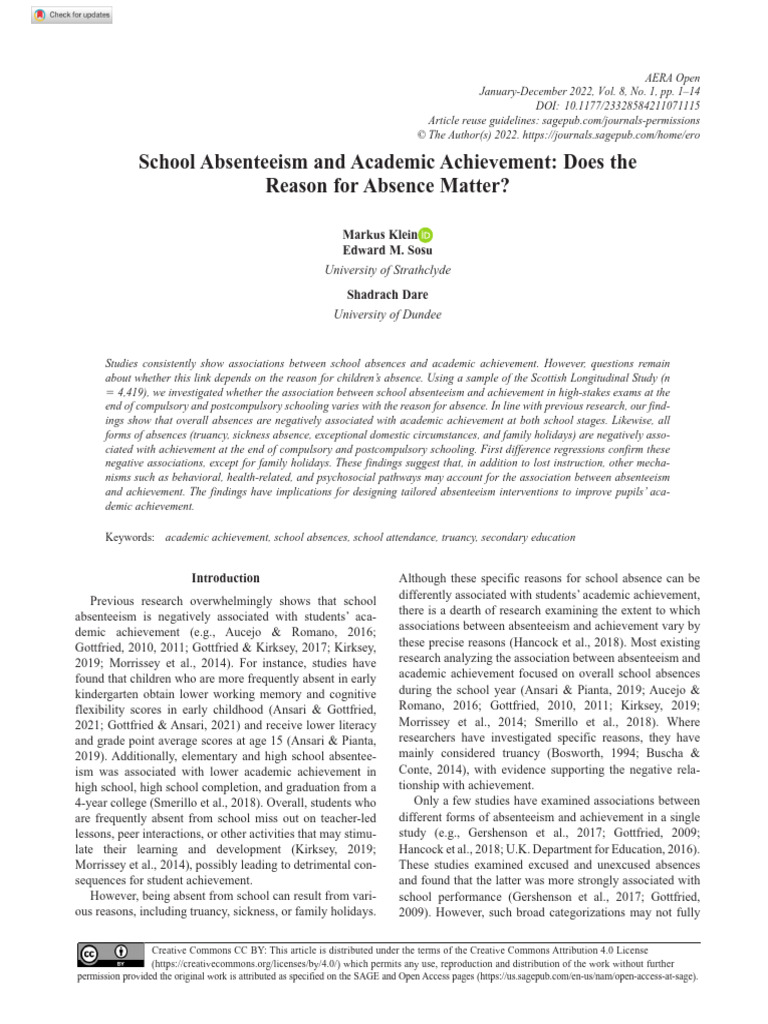 Klein Et Al 2022 School Absenteeism and Academic Achievement Does The Reason For Absence Matter ...