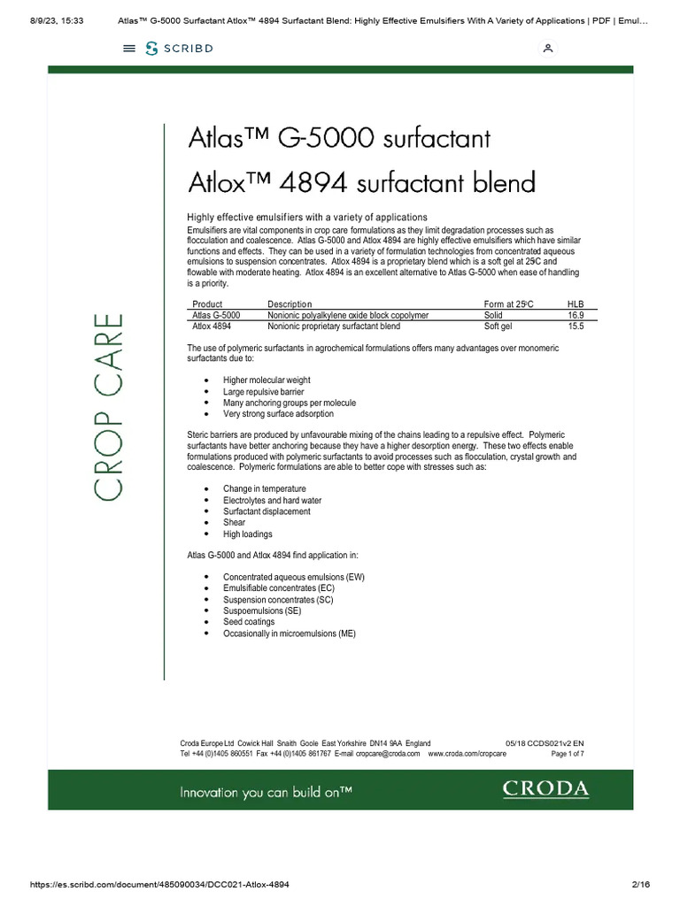 Atlas™ G-5000 Surfactant Atlox™ 4894 Surfactant Blend - Highly Effective Emulsifiers With A ...