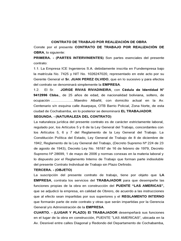 Contrato de Trabajo Por Obra Gabriela | PDF | Derecho laboral | Regulación