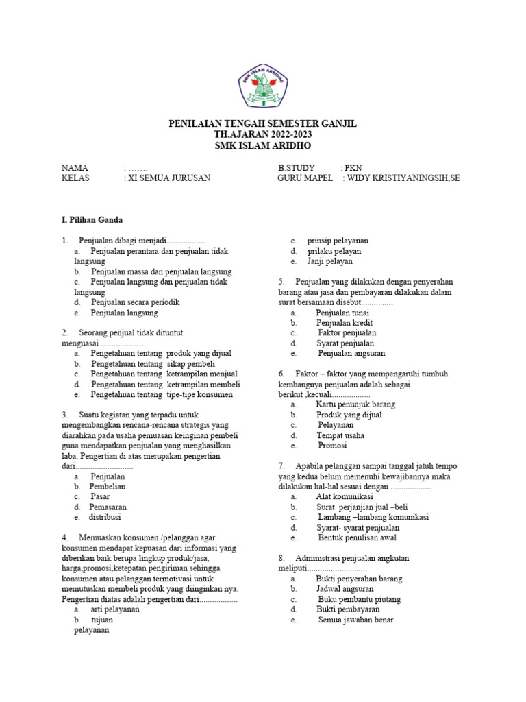 Soal Pel. Penjualan PAS GANJIL 2022 | PDF