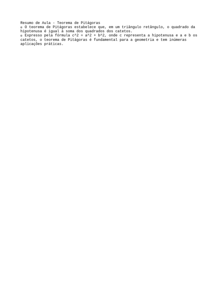 Resumo de Aula - Teorema de Pitágor | PDF | Métodos e Materiais de ...