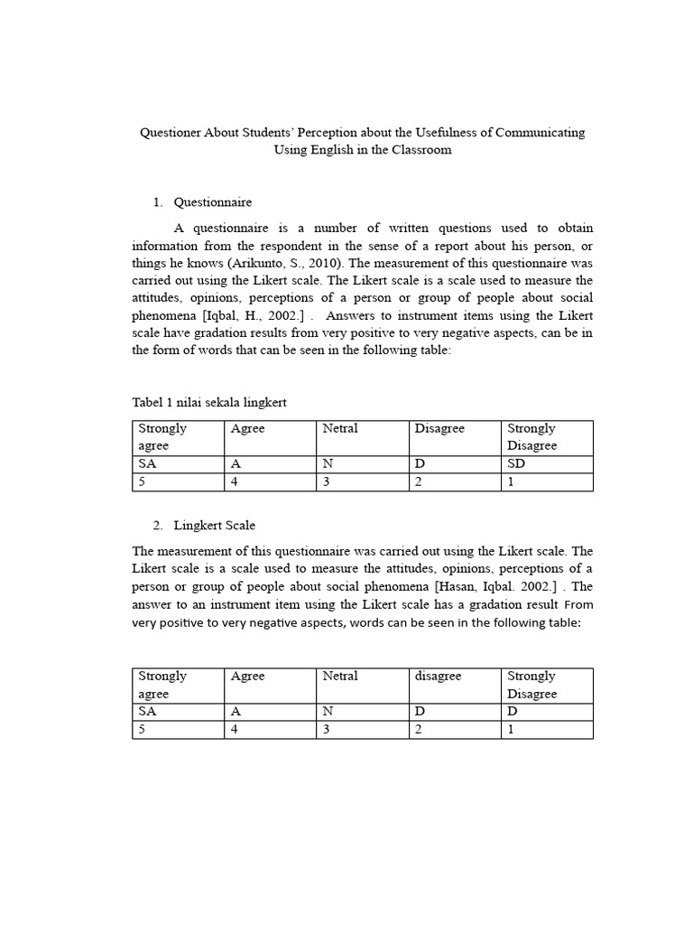 Students' Perception of English Use in Class | PDF | Likert Scale ...