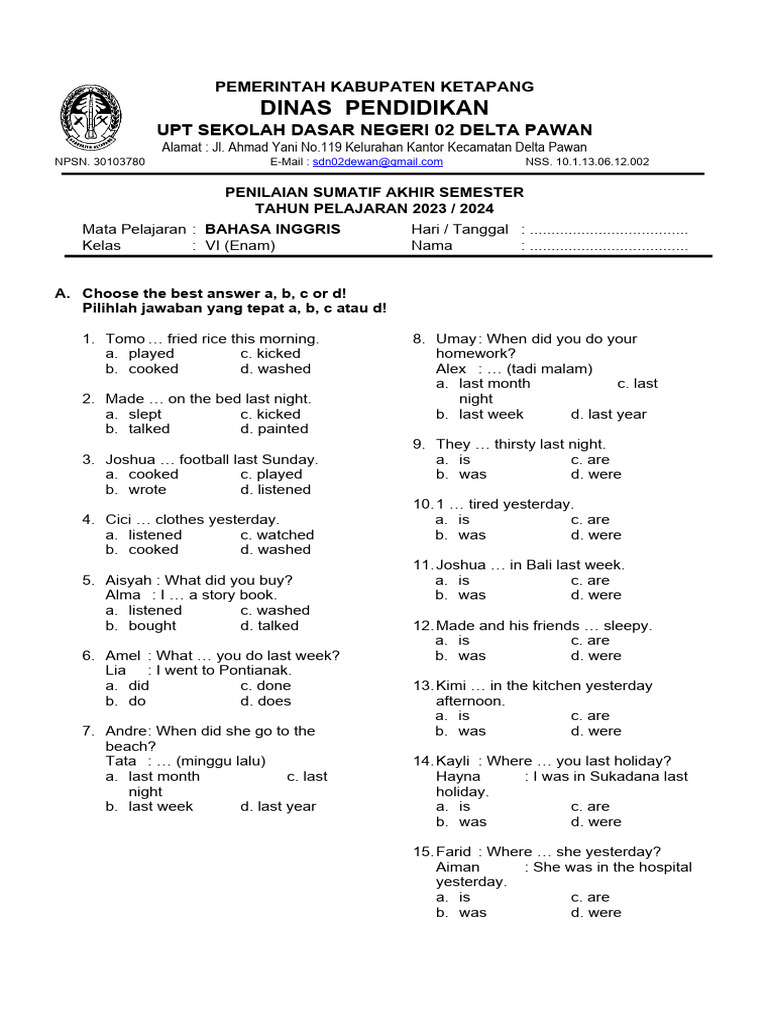 Ulangan Semester SD 02 Kelas 6 Semester 1 2023 | PDF | Linguistics
