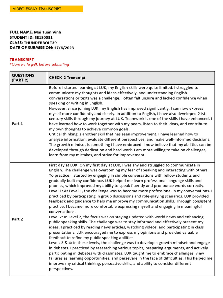 No.29 - Thunderbolt39 - Mai Tuấn Vinh - SE180031 - Check 2 Transcript | PDF | Public Speaking ...