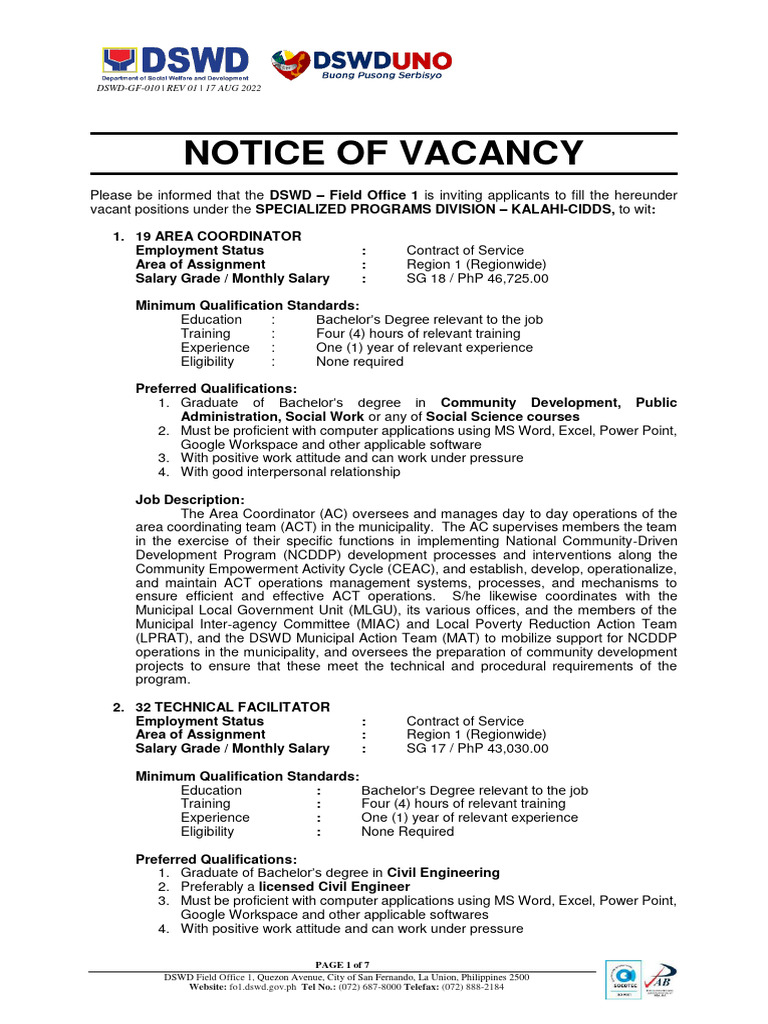 DSWD Region 1 Job Vacancies 2022 | PDF | Salary | Academic Degree