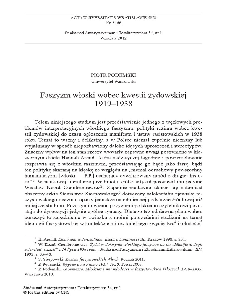 Faszyzm Włoski Wobec Kwestii Żydowskiej 1919-1938 | PDF Faszyzm Włoski Wobec Kwestii Żydowskiej 1919-1938 | PDF