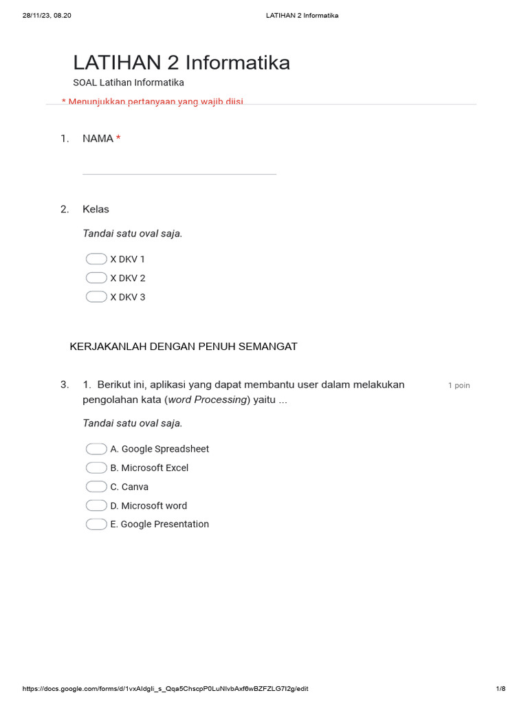 LATIHAN 2 Informatika - Google Formulir | PDF