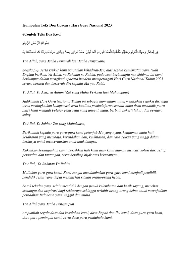 Kumpulan Teks Doa Upacara Hari Guru Nasional 2023 | PDF