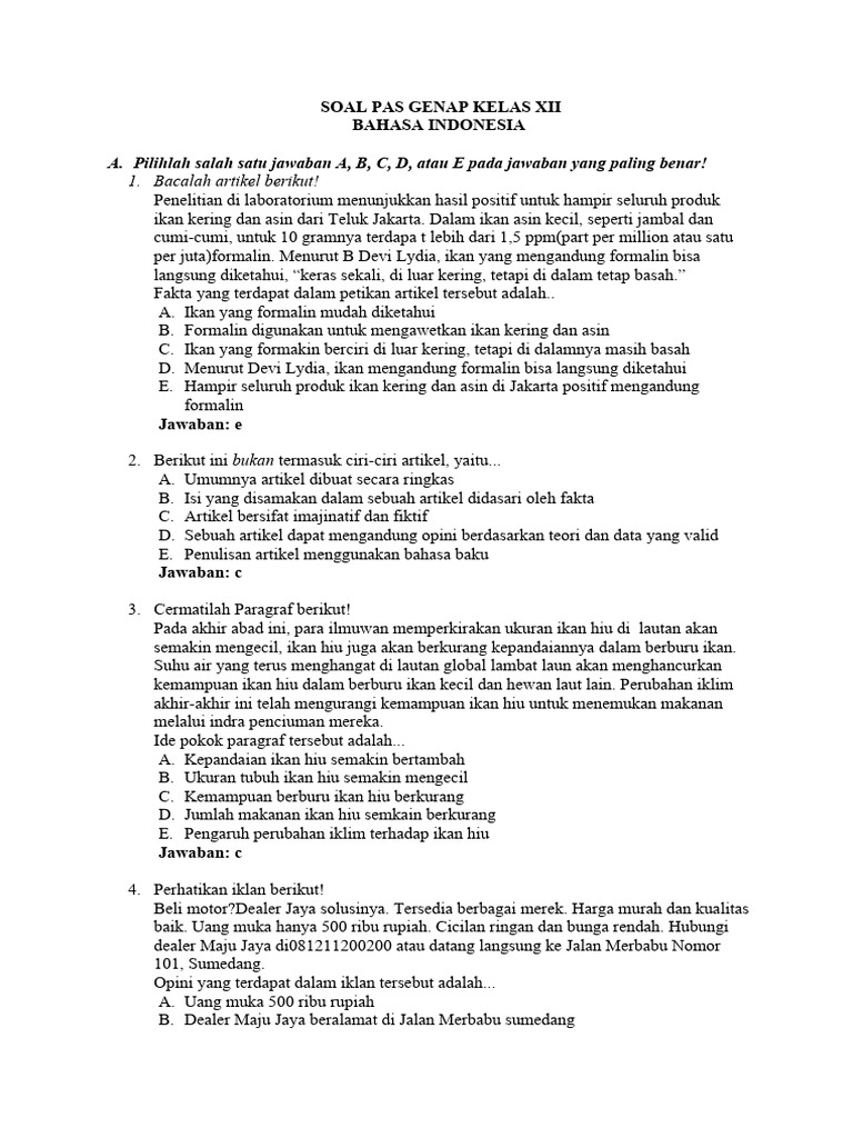 Soal PAS BIND XII Genap 2022 | PDF