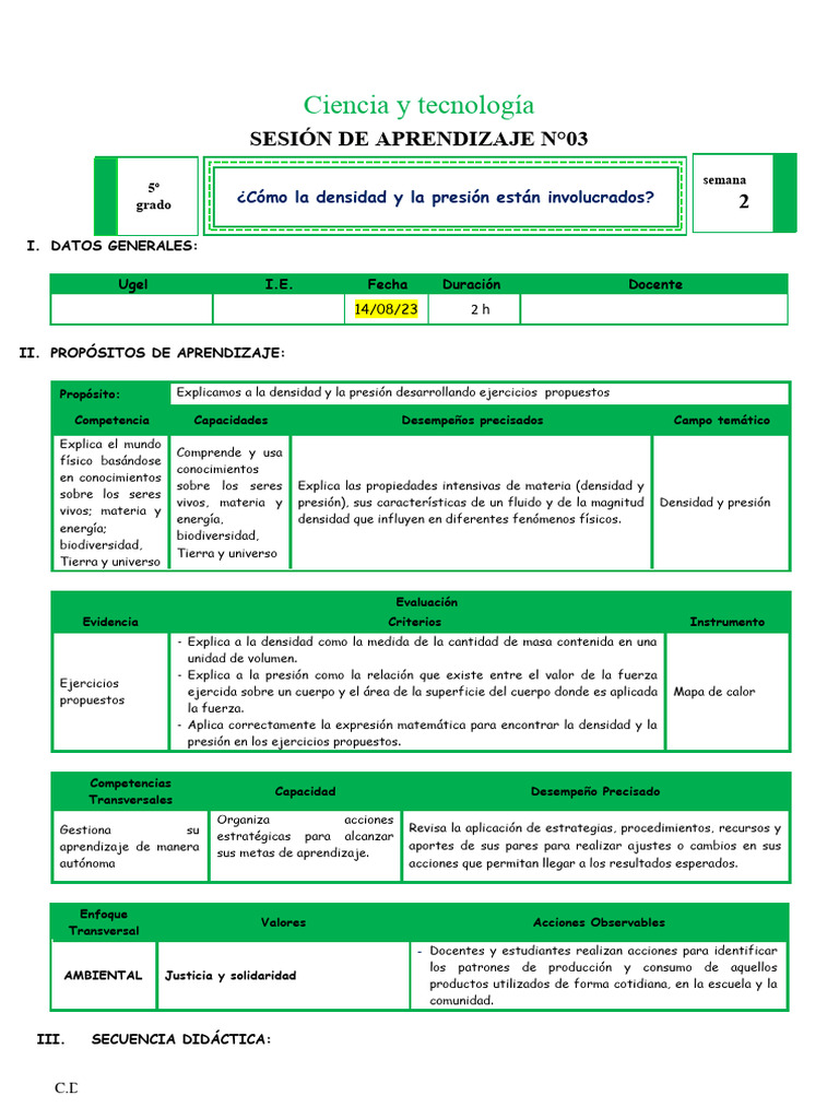 5° Sesión de Aprendizaje Sesión 3-Sem.2-Exp.5-Cyt | PDF | Densidad | Evaluación