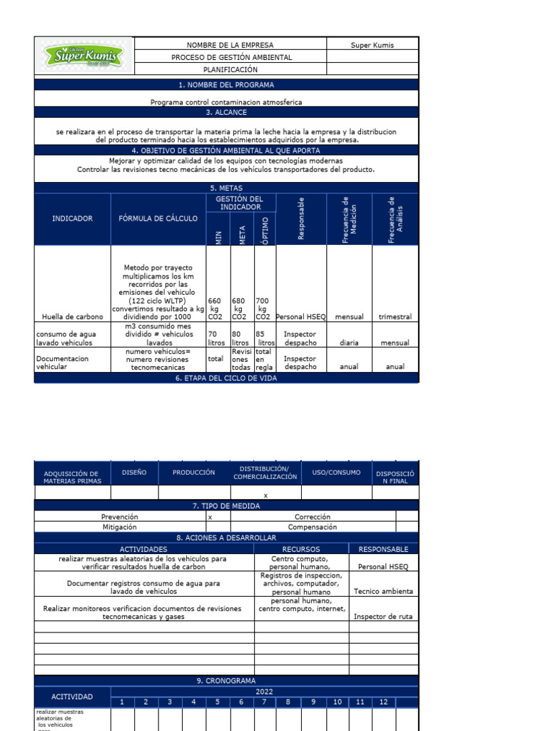 Formato Único - Plan de Gestión Ambiental - XLSX - Emisiones | PDF ...