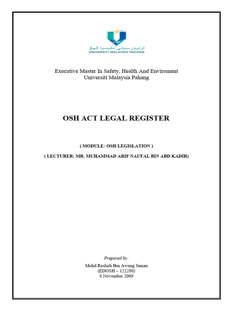 Assignment OSH Act Legal Register | PDF | Occupational Safety And ...