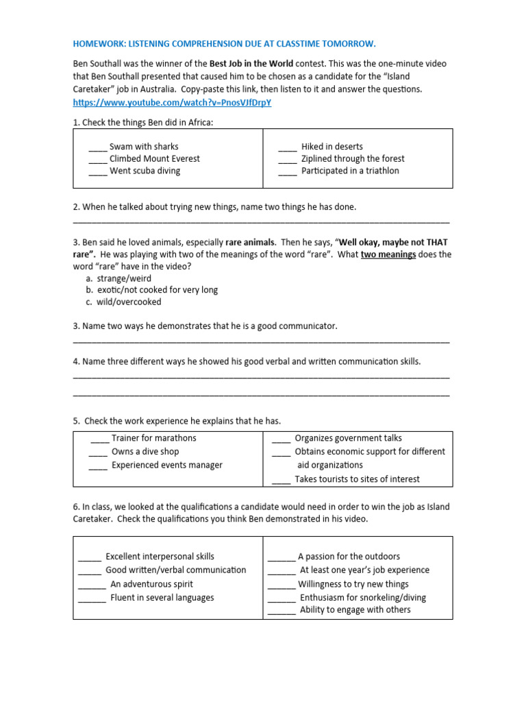Homework Unit 9 Best Job in The World Listening Comprehension | PDF | Communication