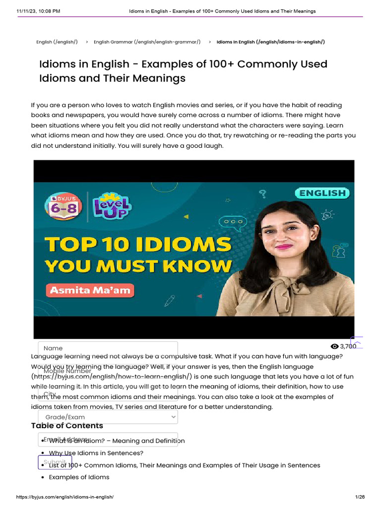 100 Common English Idioms Explained | PDF | Word | Idiom