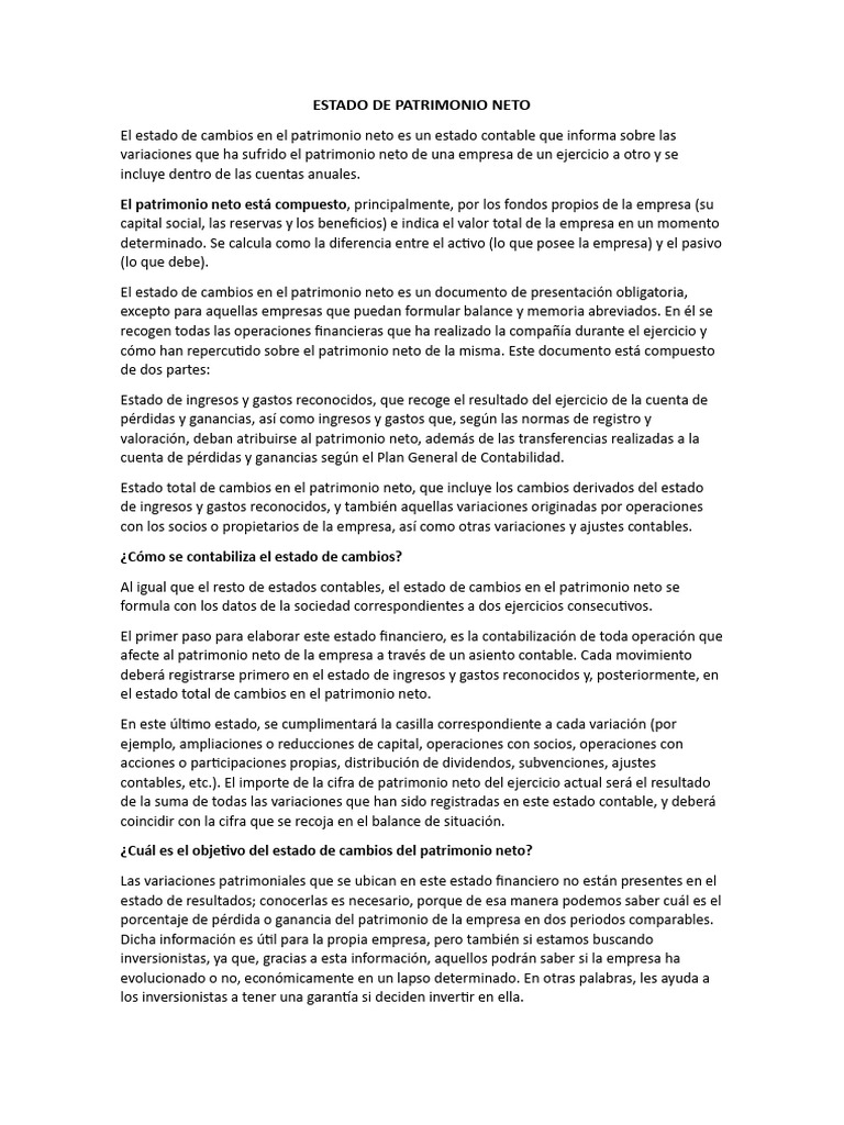 Estado de Patrimonio Neto | PDF | Contabilidad | Valor neto