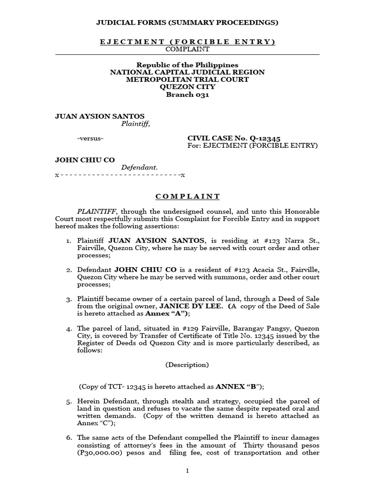 Docslide. Sample Forcible Entryejectment | PDF | Lawsuit | Complaint