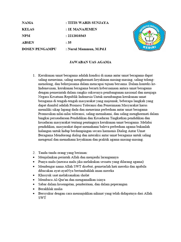Uas Agama Titis Waris Sunjaya | PDF
