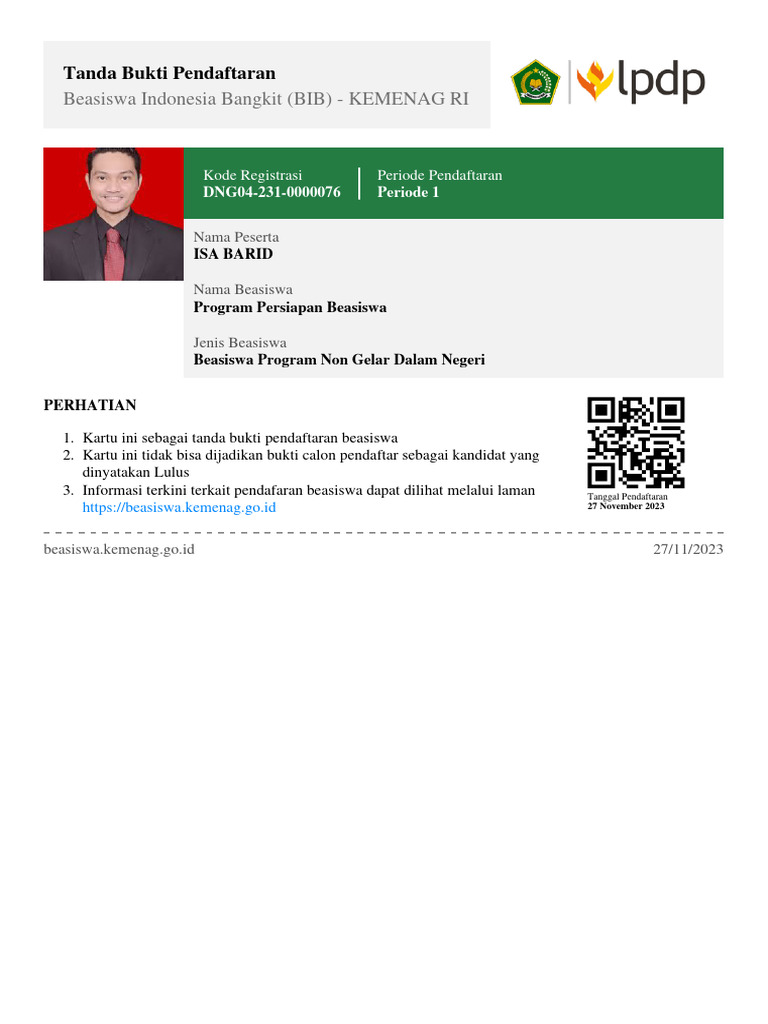 Kartu Pendaftaran Persiapan Beasiswa Isa | PDF