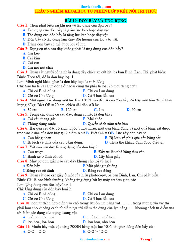 Trac Nghiem KHTN 8 KNTT Bai 19 | PDF