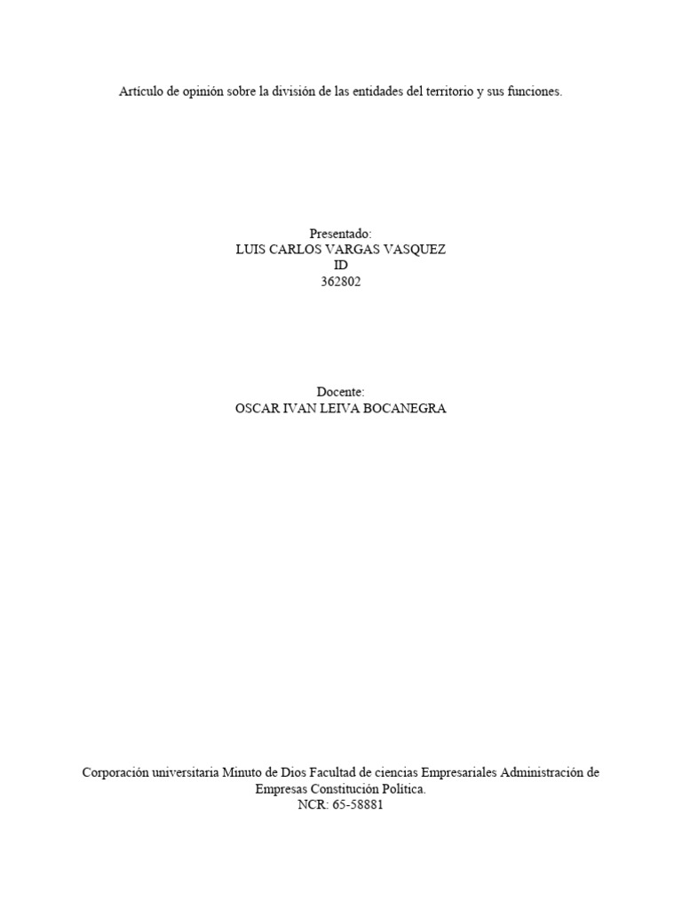 Artículo de Opinión Sobre La División de Las Entidades Del Territorio y ... Artículo de Opinión Sobre La División de Las Entidades Del Territorio y ...