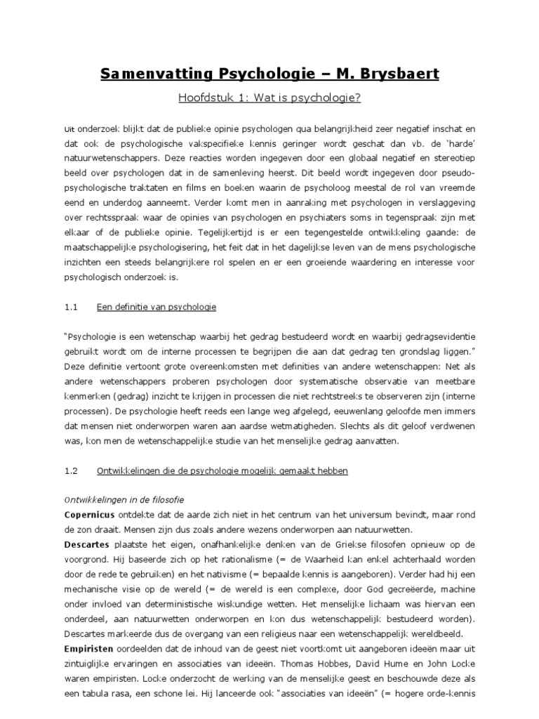 Samenvatting Brysbaert Psychologie | PDF