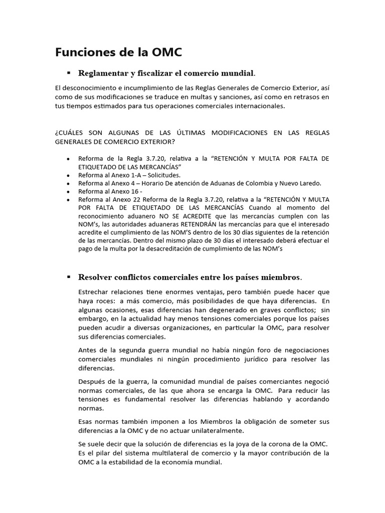 Funciones de La OMC | PDF | Organización de Comercio Mundial ...