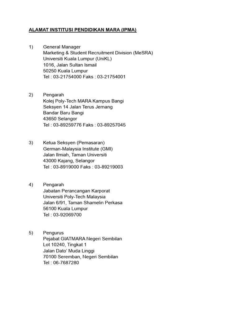 Alamat Institusi Pendidikan Mara (Ipma) | PDF