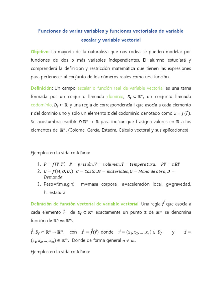 Funciones de Varias Variables y Funciones Vectoriales de Variable Escalar y Variable Vectorial ...