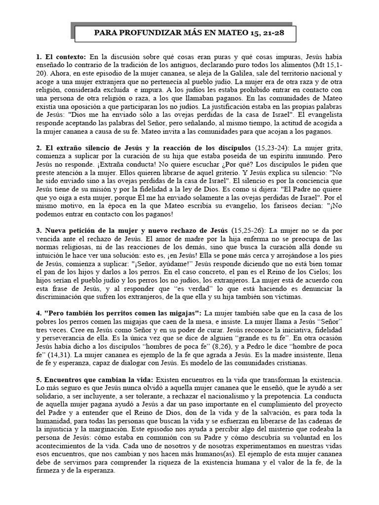 20º Tiempo Ordinario -A- Mateo 15,21-28.doc PARA PROFUNDIZAR | PDF | Jesús | Evangelio de Mateo