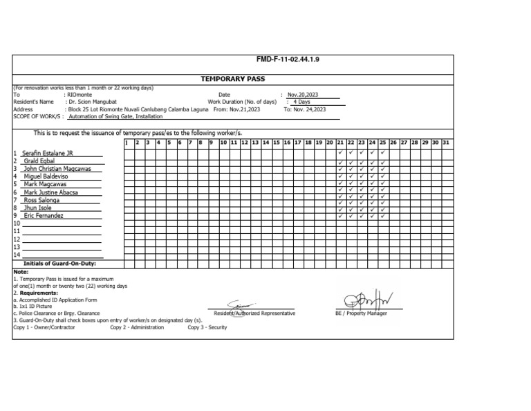 Riomonte Temporary Pass | PDF