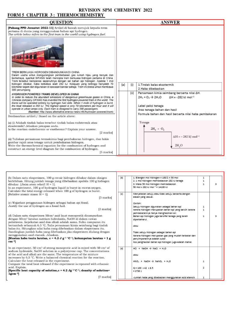 REVISION SPM CHEMISTRY Q 9, 10, 11 2022 Thermochemistry | PDF