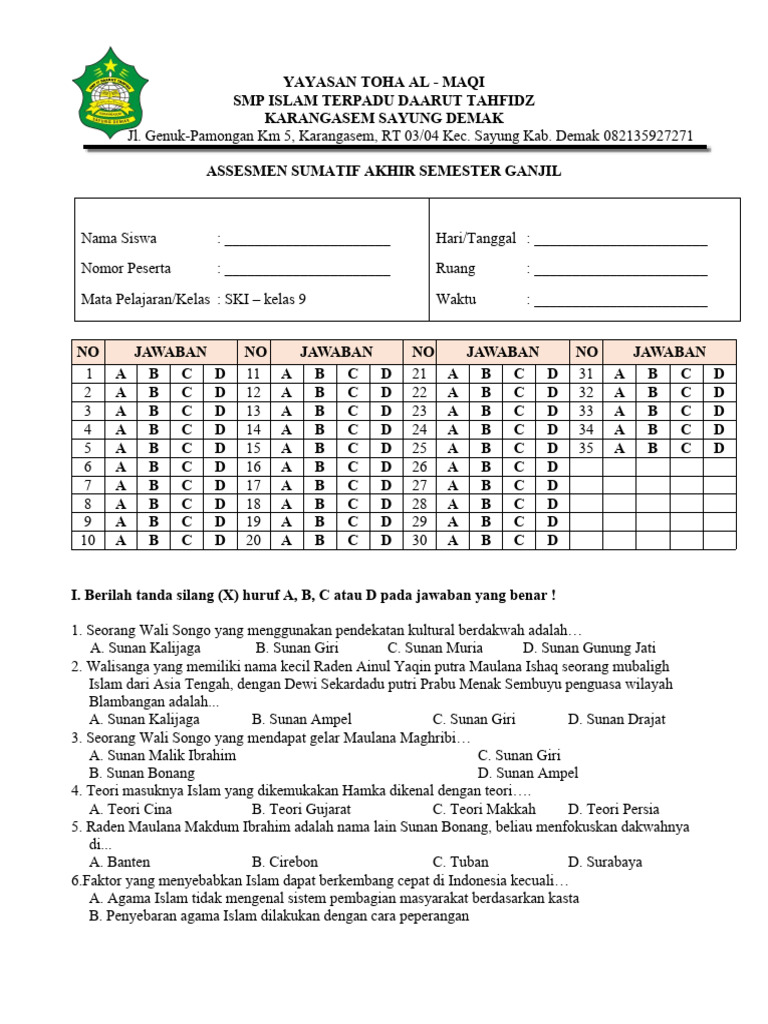 Soal PAS SKI Klas 9 SMT 1 | PDF