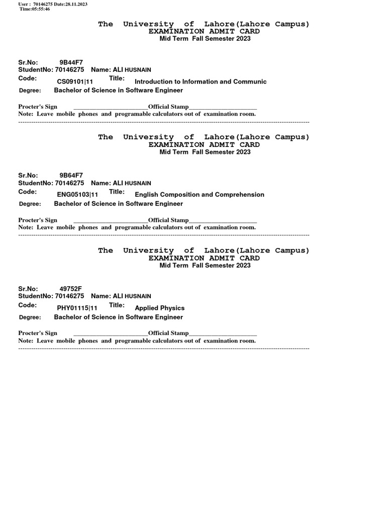 The University of Lahore (Lahore Campus) Examination Admit Card | PDF | Bachelor Of Science ...